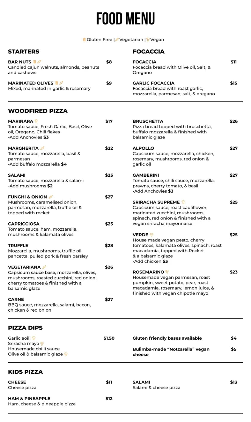 Bulimba Menu